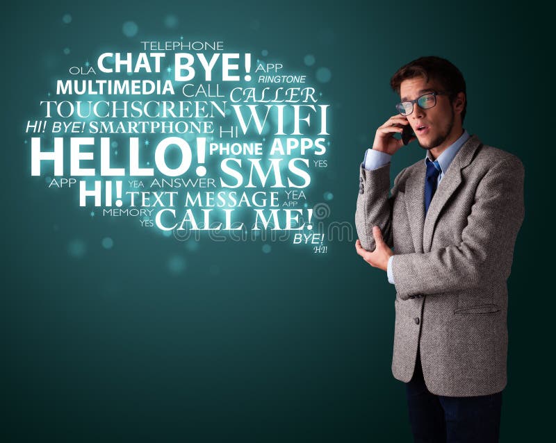 Young Man Making Phone Call with Word Cloud Stock Photo - Image of ...