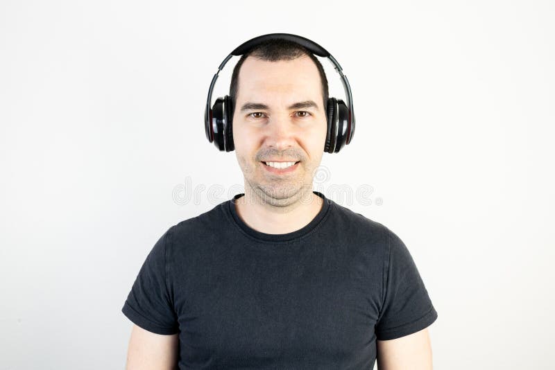 Young Man Male Guy Model Wearing Headphones Looks Happy Stand Wear
