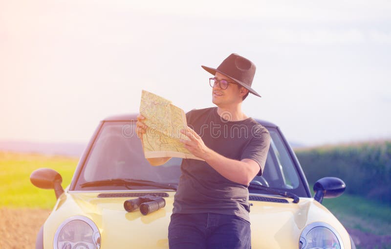 Young Man with Map Standing Near a Car Stock Photo - Image of european ...