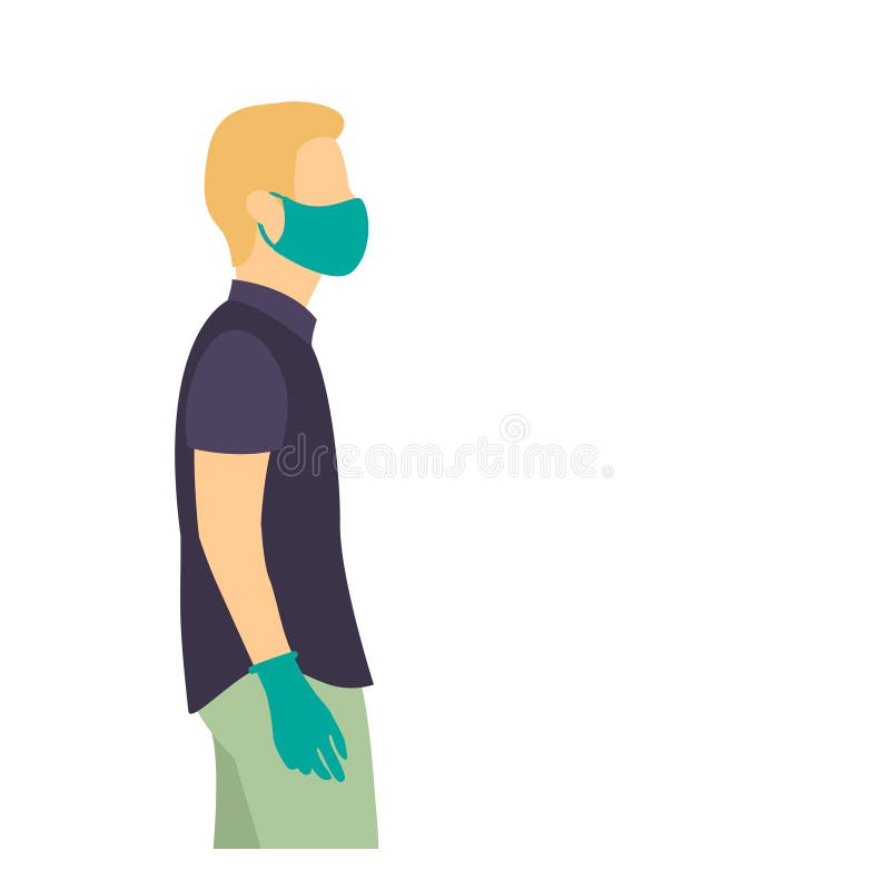 Young Man in Mask and Gloves Side View, Virus Prevention. Flat Vector ...