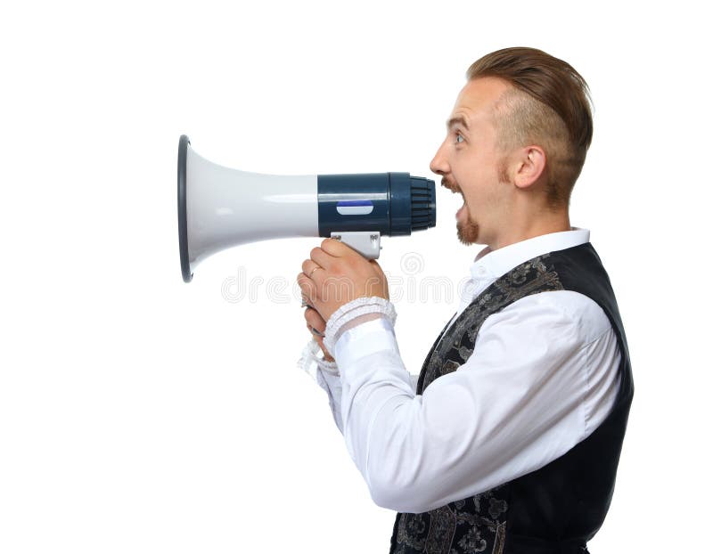 Young man with megaphone. stock image. Image of people - 89856567