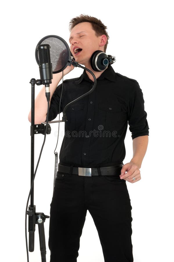 Young Man with Microphone on White Background Stock Photo - Image of ...