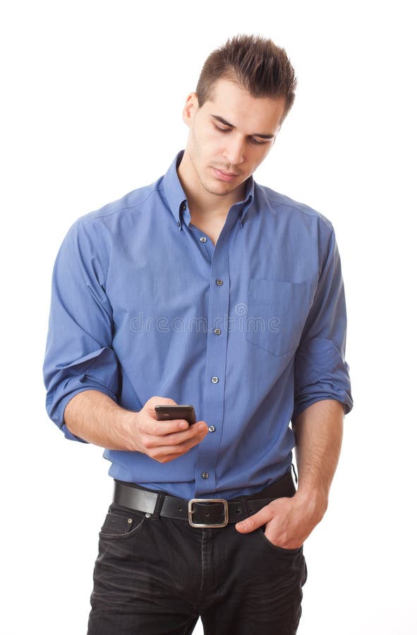Young Man with Mobile Phone. Stock Photo - Image of blue, looking: 34304088