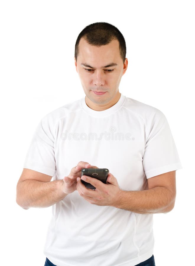 Young Man with Mobile Phone Isolated on a White Stock Image - Image of ...