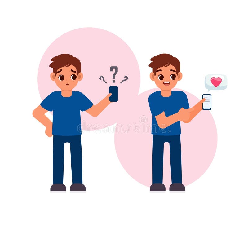Young Man with Mobile Phone and Question Mark. Flat Vector Illustration ...