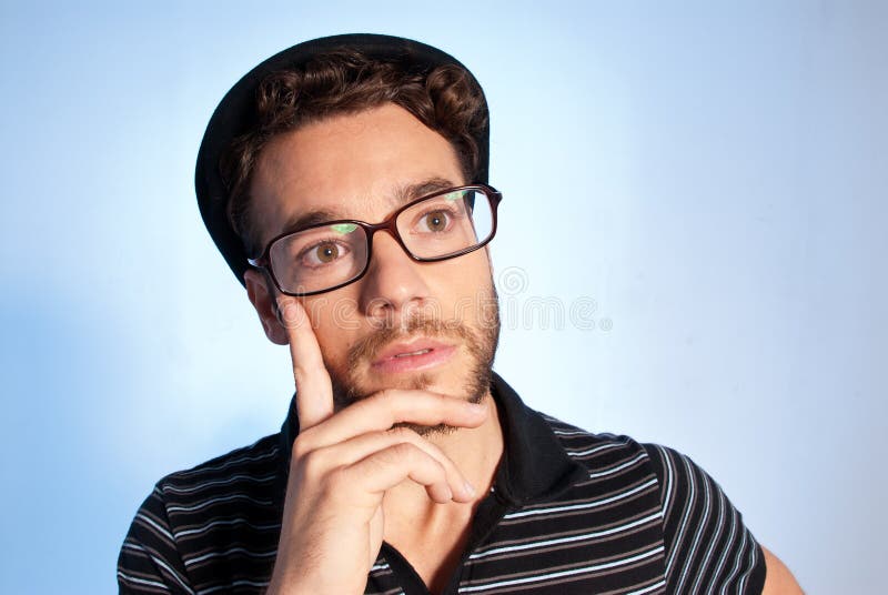 Young Man Modern Nerd Thinking Wide Angle Stock Photo - Image of eyes ...
