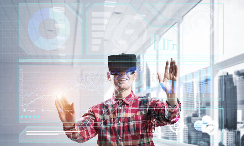 Young Man in Modern Office Interior Experiencing Virtual Reality ...