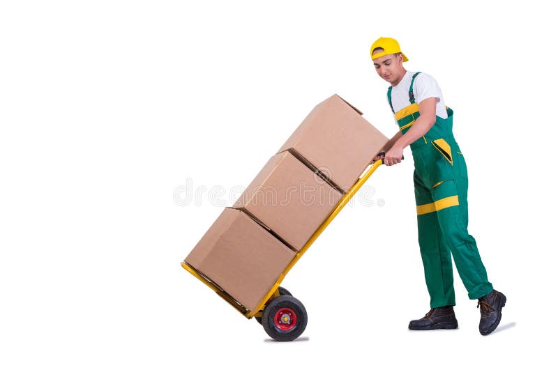 The Young Man Moving Boxes with Cart Isolated on White Stock Image ...