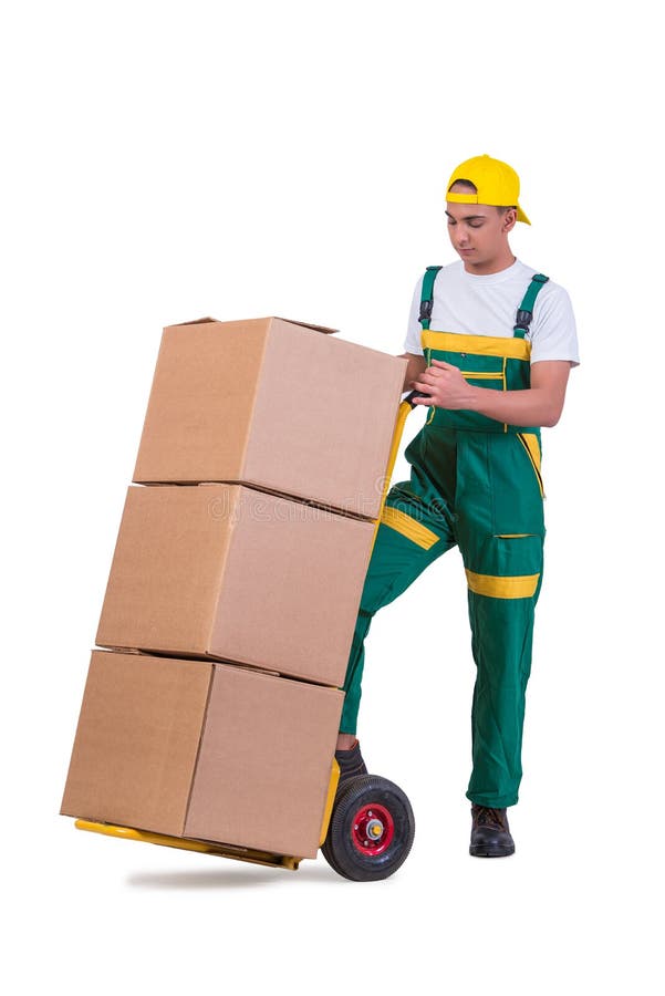 The Young Man Moving Boxes with Cart Isolated on White Stock Image ...