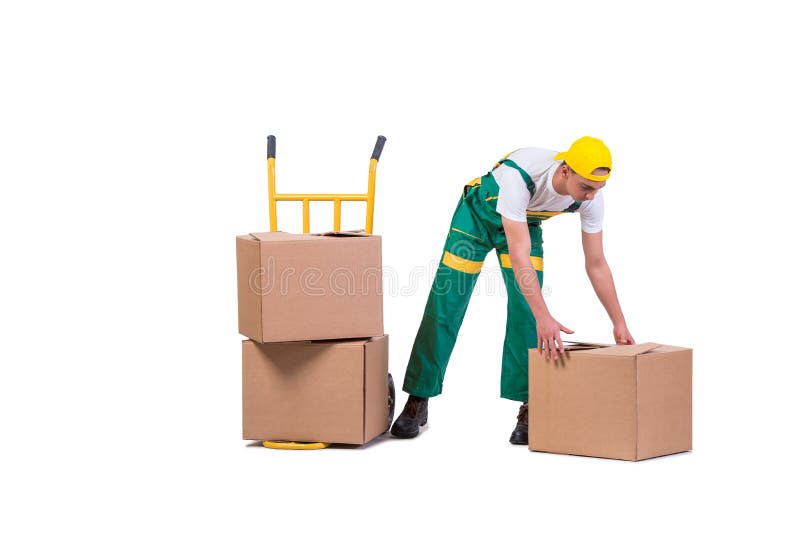 The Young Man Moving Boxes with Cart Isolated on White Stock Image ...
