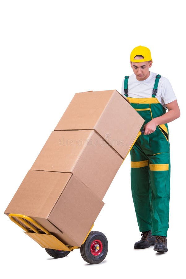 The Young Man Moving Boxes with Cart Isolated on White Stock Photo ...