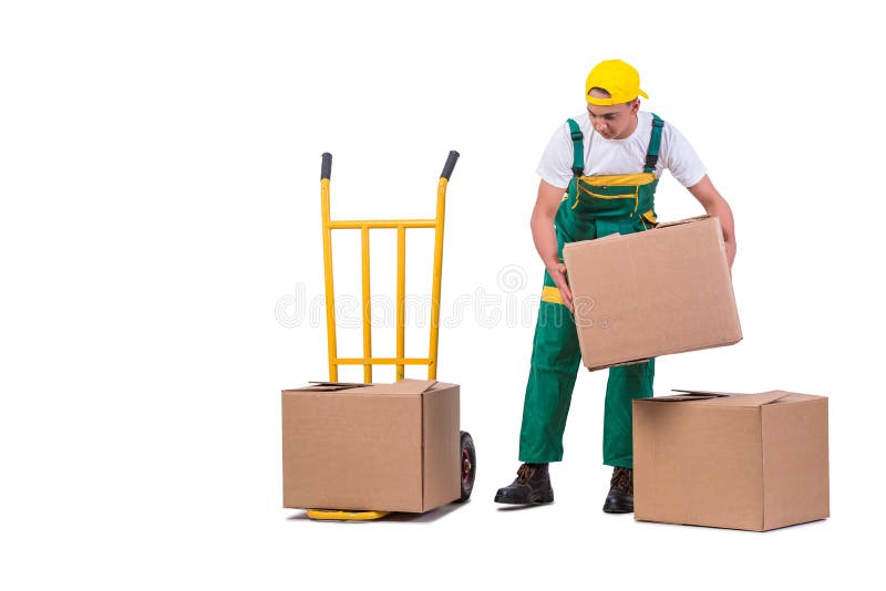 The Young Man Moving Boxes with Cart Isolated on White Stock Photo ...