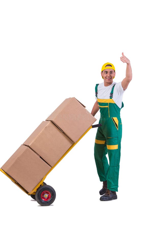 The Young Man Moving Boxes with Cart Isolated on White Stock Image ...