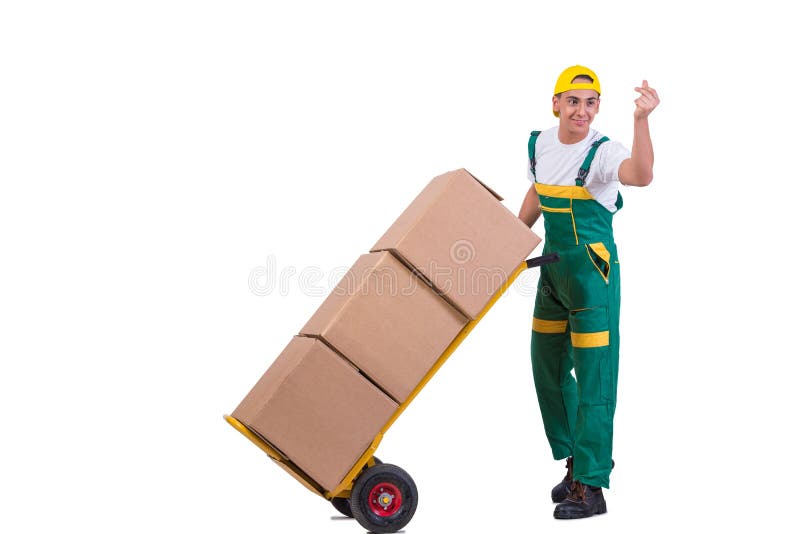 The Young Man Moving Boxes with Cart Isolated on White Stock Image ...