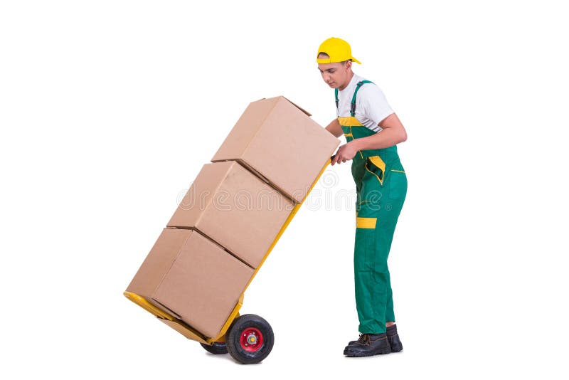 The Young Man Moving Boxes with Cart Isolated on White Stock Photo ...