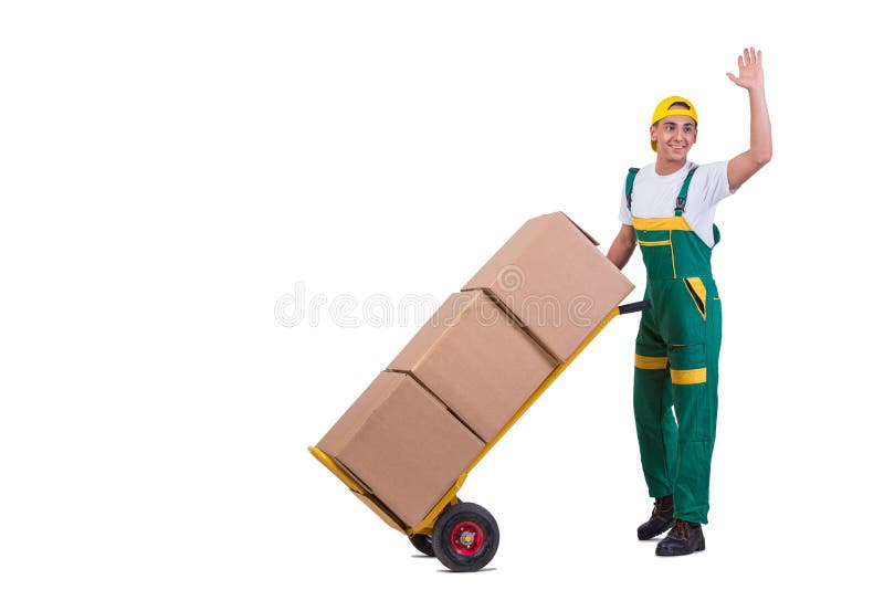 The Young Man Moving Boxes with Cart Isolated on White Stock Photo ...