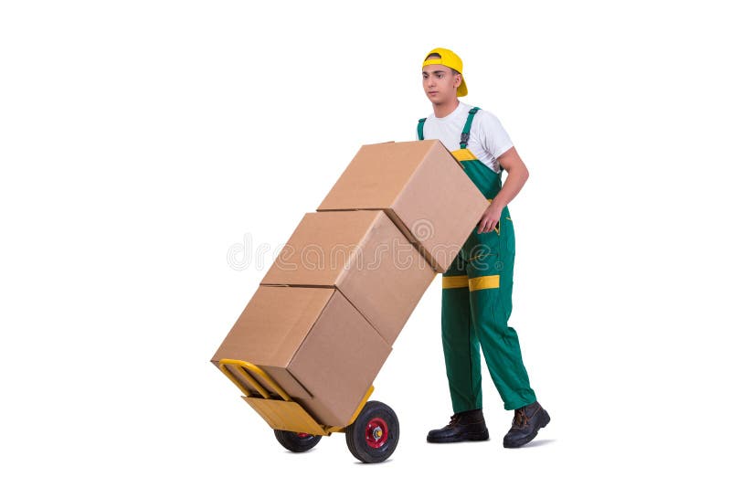 The Young Man Moving Boxes with Cart Isolated on White Stock Image ...