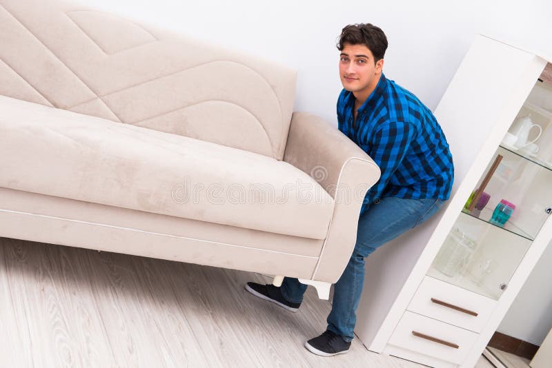 The Young Man Moving Sofa Couch Stock Photo - Image of backpain ...