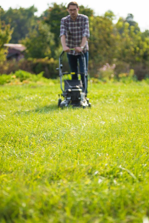 Young man mowing the grass stock image. Image of field - 78566297