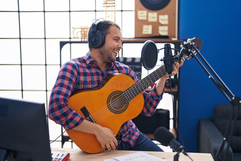 Young Man Musician Singing Song Playing Classical Guitar at Music ...