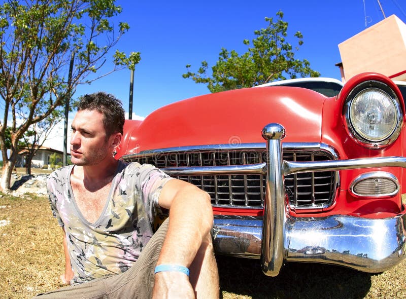 Young Man Near Old Vintage Car Stock Image - Image of chrome ...