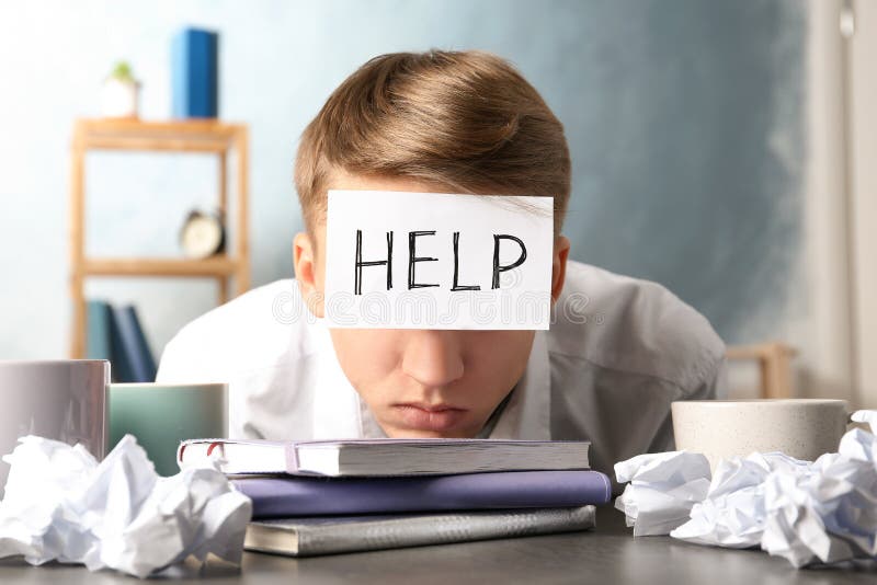 Young Man with Note HELP on Forehead Stock Image - Image of male ...