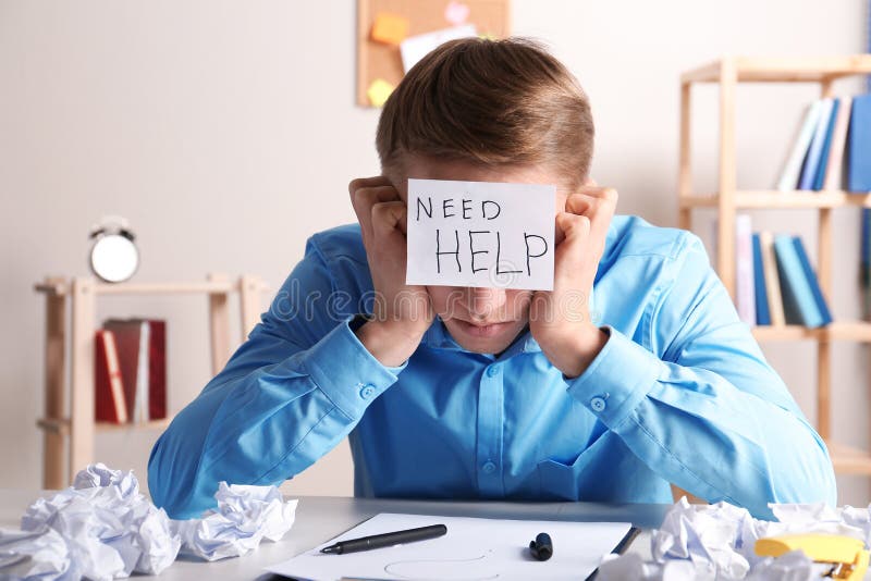 Young Man with Note NEED HELP on Forehead Stock Image - Image of ...