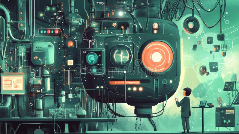 A Young Man Observing a Complex Futuristic Machine in a Space ...