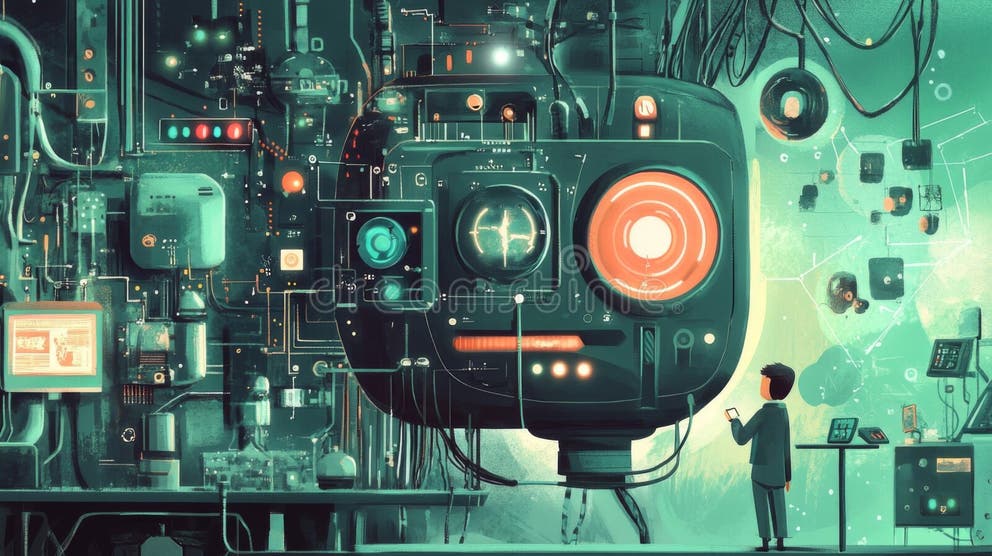 A Young Man Observing a Complex Futuristic Machine in a Space ...