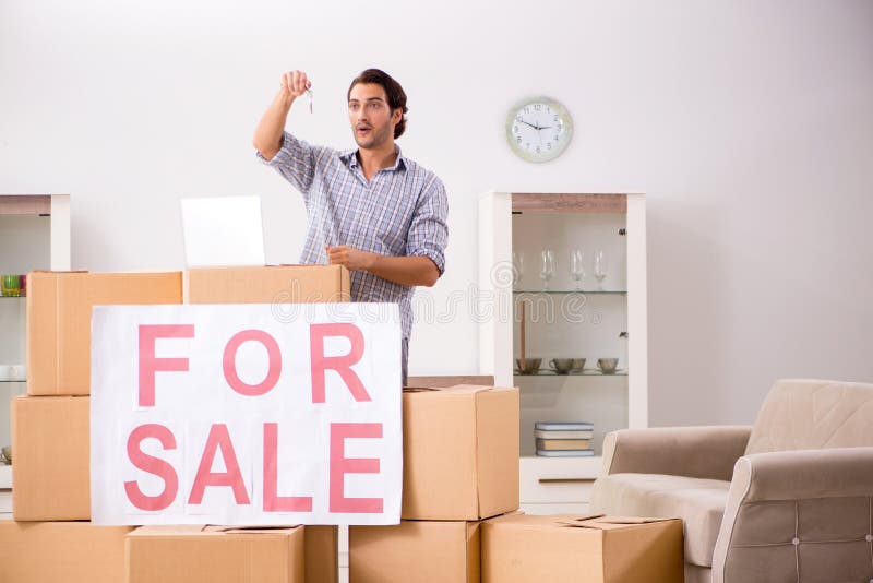 The Young Man Offering Home for Sale and Moving Out Stock Image - Image ...