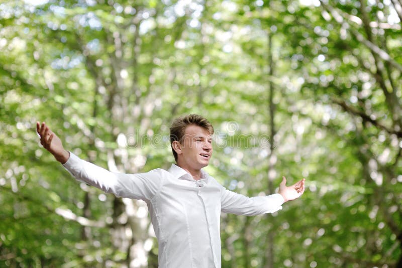 Young Man with Open Wide Arms Celebrating Success Stock Photo - Image ...