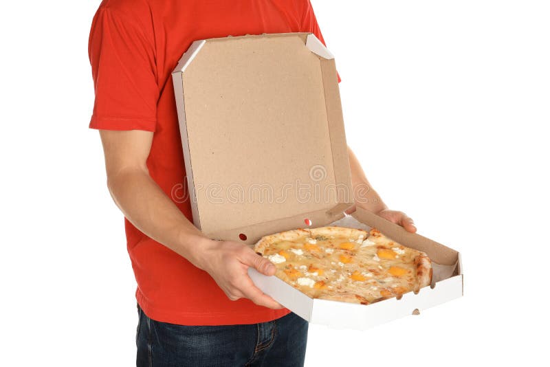 Young Man With Opened Pizza Box On White Background. Stock Image ...