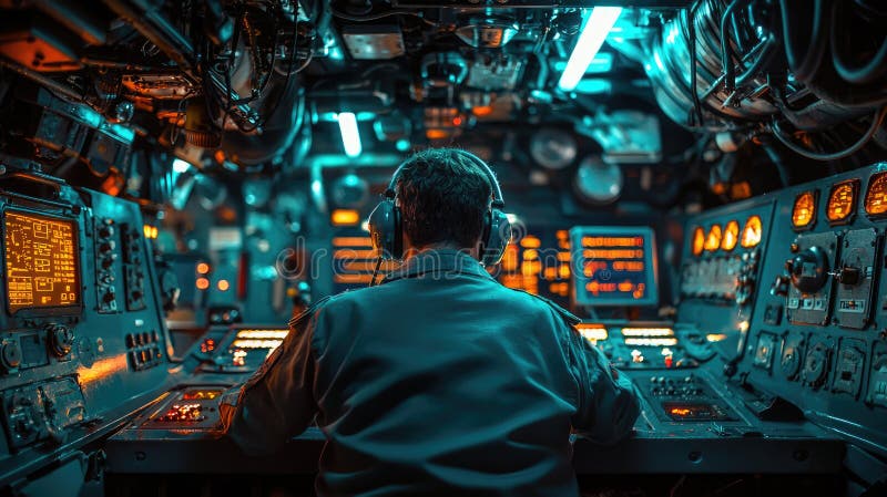 Young Man Operates Control Room in Submarine with Advanced ...