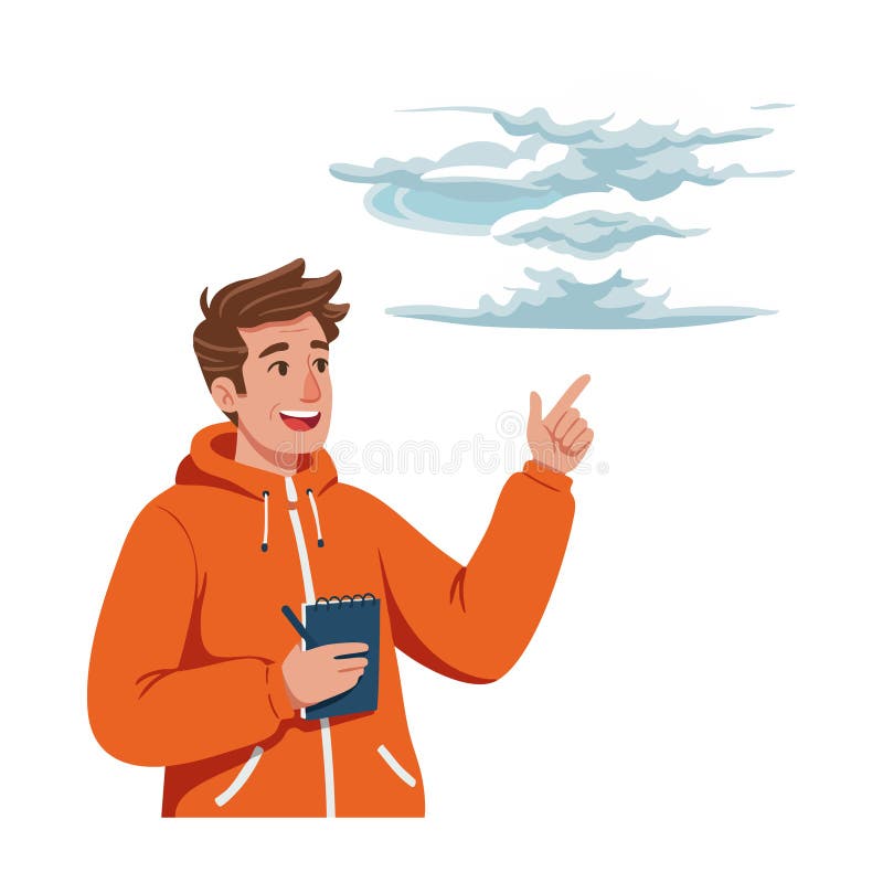 Young Man in Orange Hoodie Pointing at Clouds Holding Notepad Vector ...