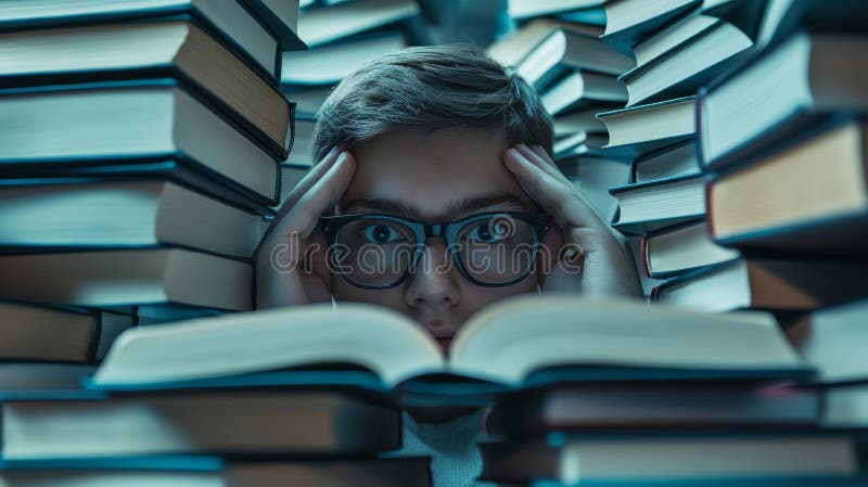 Young Man Overwhelmed by Stacks of Books in a Study Environment Stock ...