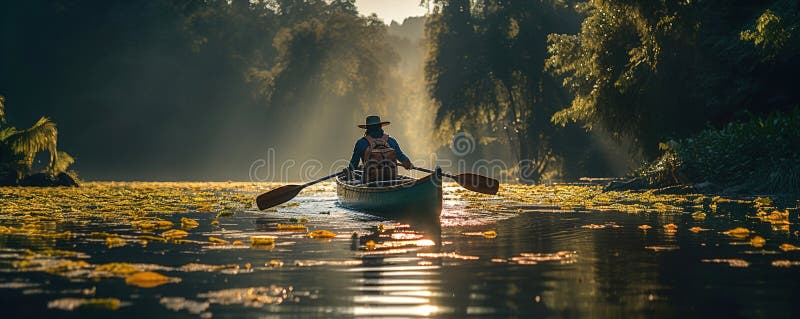 Young Man is Paddling a Canoe on Forest River. Stock Illustration ...