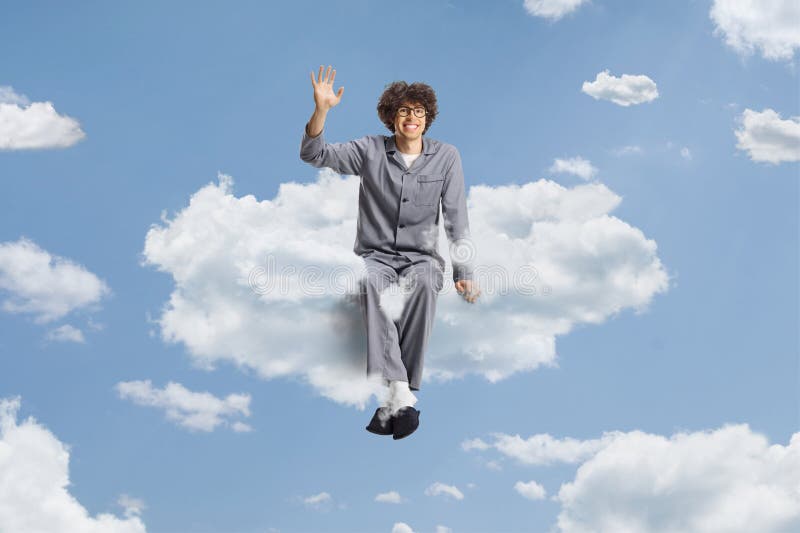 Young Man in Pajamas Floating on a Cloud Stock Image - Image of ...