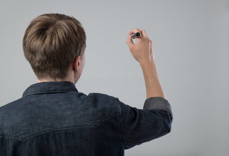 Young man with pen stock photo. Image of finger, hand - 98848178