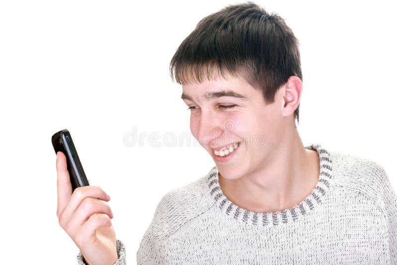 Teenager Holding Smartphone and Smiles Stock Photo - Image of closeup ...