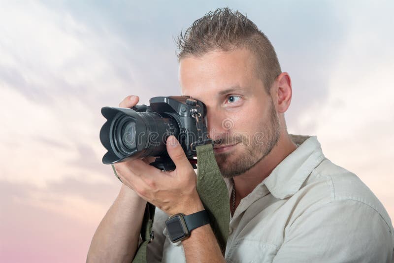 Young Man Photographer with Dslr Camera Stock Image - Image of work ...
