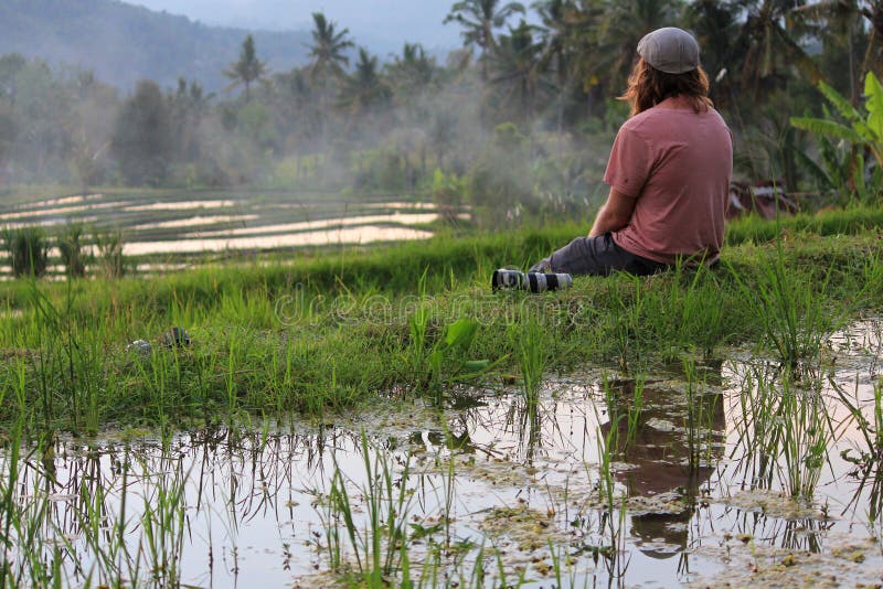 Young Man Photographer Sitting in a Rice Fields during Sunset Stock ...
