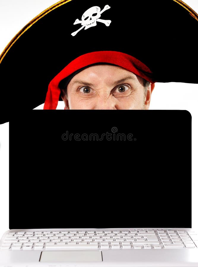 Young Man in Pirate Costume and Computer Stock Photo - Image of ...
