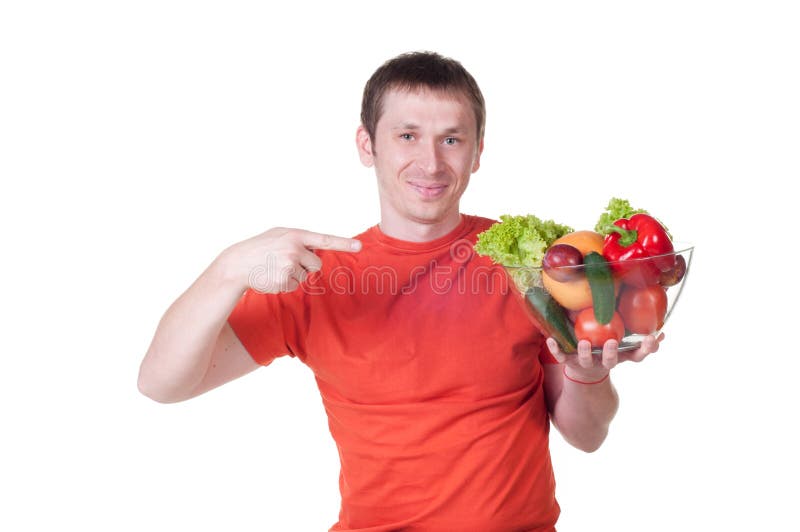 Young Man with Plate of Fresh Healthy Vegetables Stock Photo - Image of ...