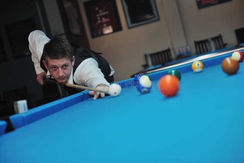 Young Man Play Pro Billiard Game Stock Image - Image of blue, match ...