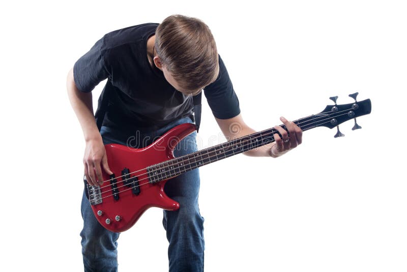 Young Man Playing Bass Guitar Stock Image - Image of teenage, music ...