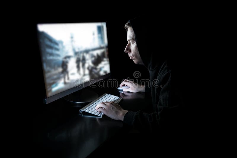 Young gamer in the dark stock photo. Image of nerd, leisure - 100684860