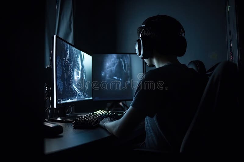 Young Man Playing Computer Games at Night in Dark Room. Gaming Gamers ...