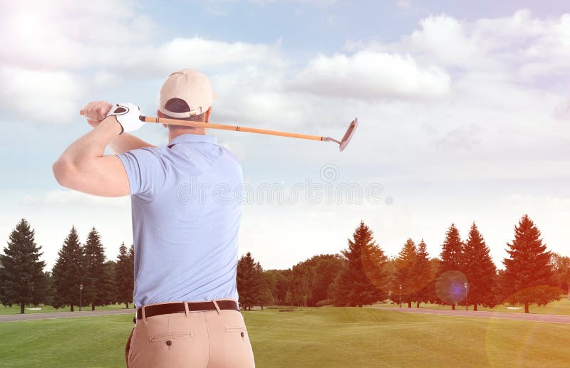 Young Man Playing Golf on Course with Grass, Back View. Space for ...