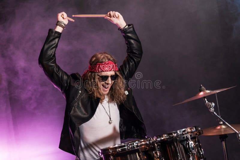 Young Man Playing Hard Rock Music with Drums Set Stock Image - Image of ...