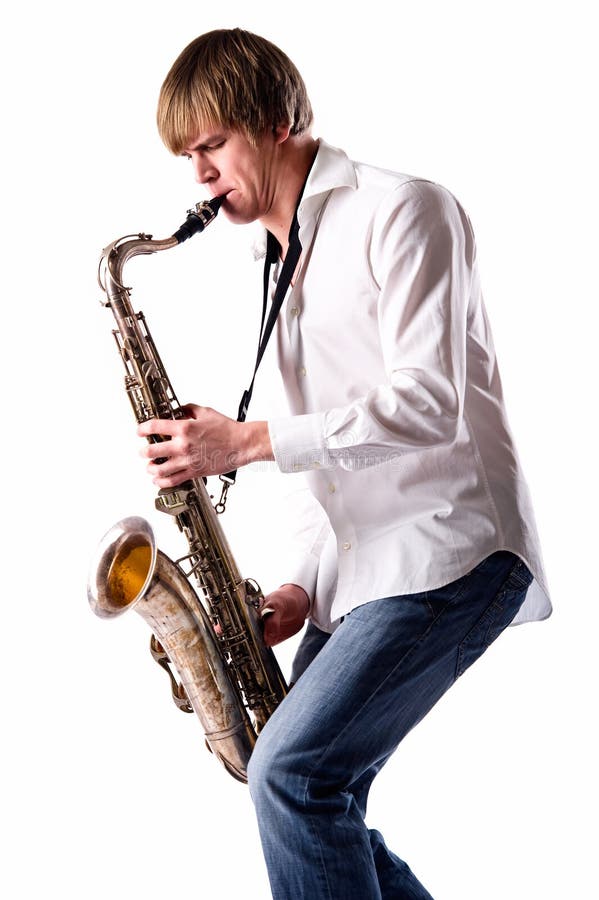 Young Man Playing The Saxophone Stock Photo - Image of closeup ...